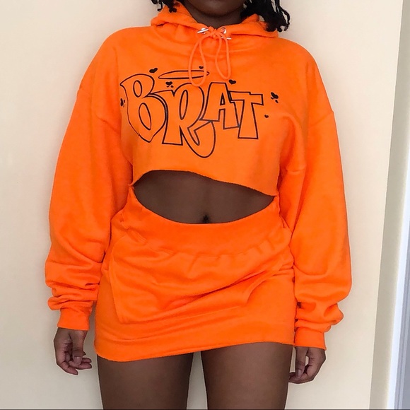 Tops | Neon Orange Brat Hoodie Skirt Set | Poshmark